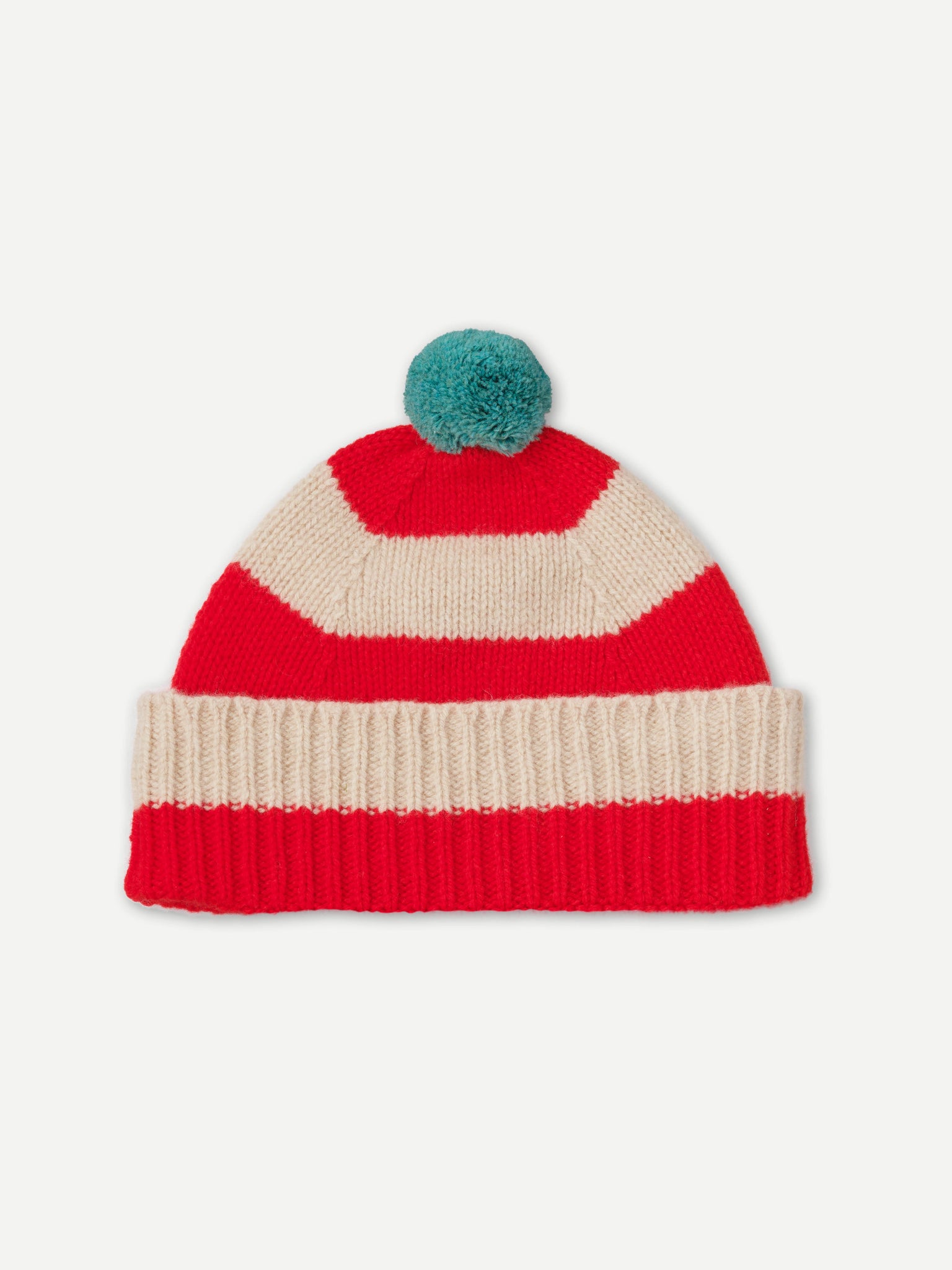 Jo Gordon Knitwear | Stripe Pompom Hat Poppy & Oatmeal